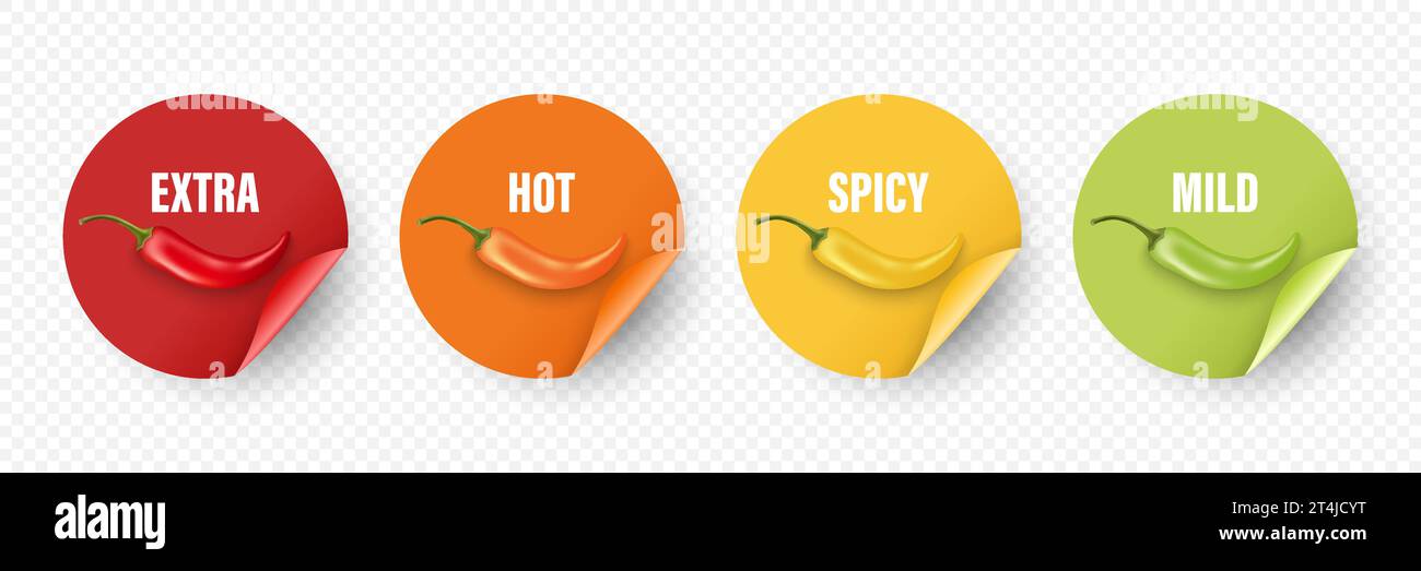 Realistic Vector Round Stickers with Spicy Chili Pepper Levels. Red ...