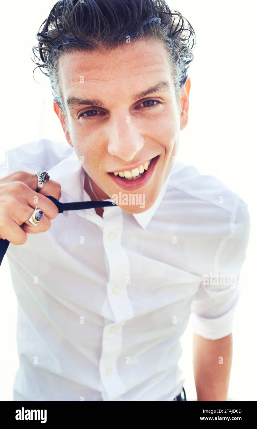 Male person, portrait and loose tie fun for cool confidence, carefree ...