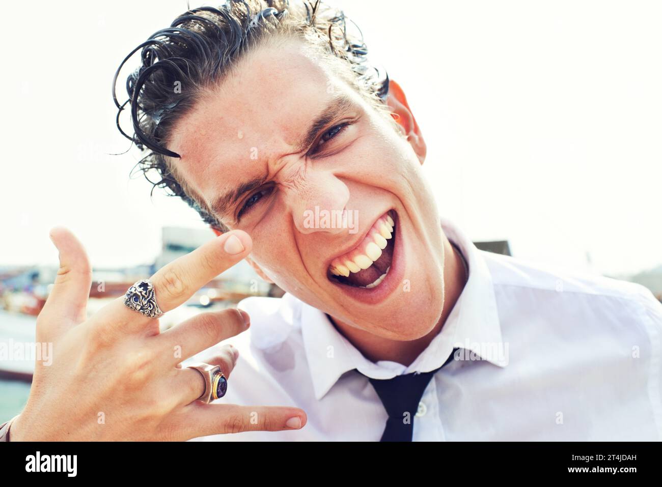 Horns, punk and man with portrait, excited and celebration with edgy ...