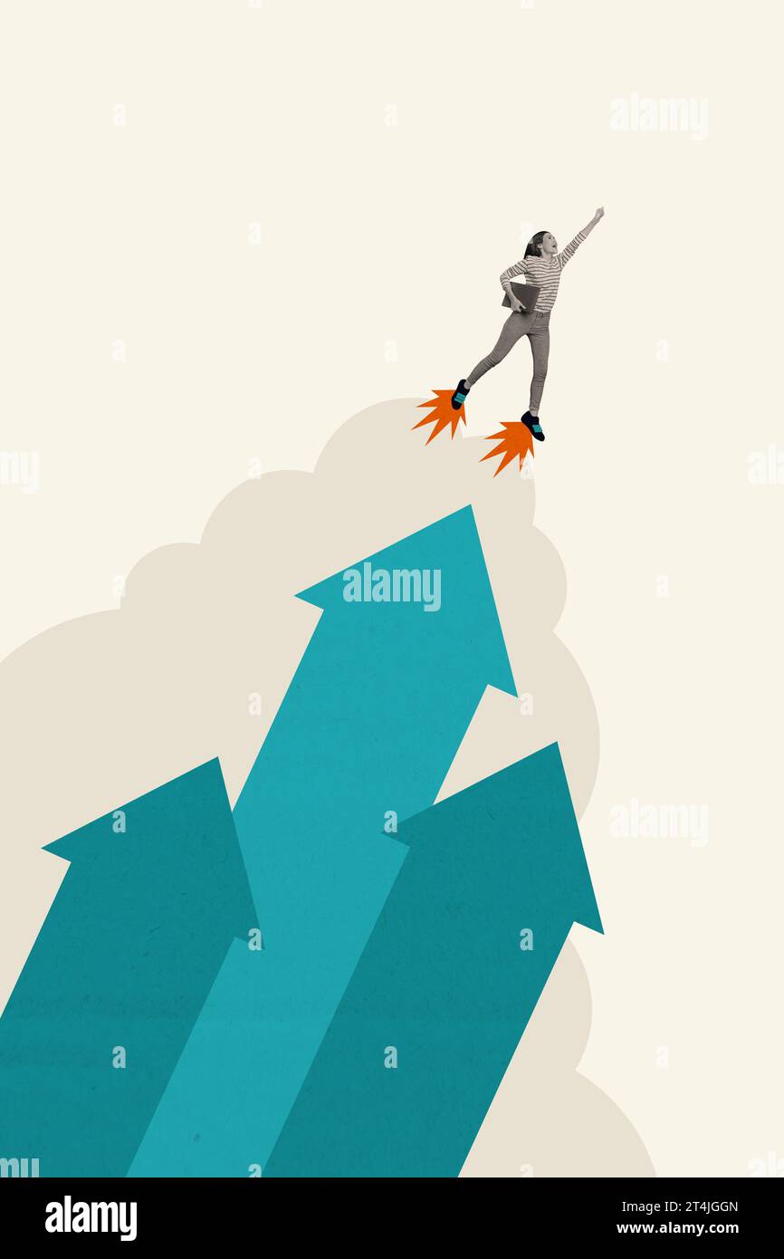 Photo cartoon comics sketch collage picture of purposeful lady flying ...