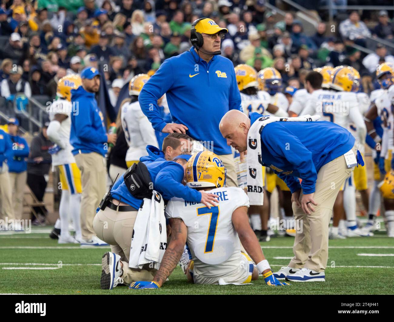 SOUTH BEND, IN - OCTOBER 28: Pittsburgh Panthers head coach Pat Narduzzi looks on as Pittsburgh ...