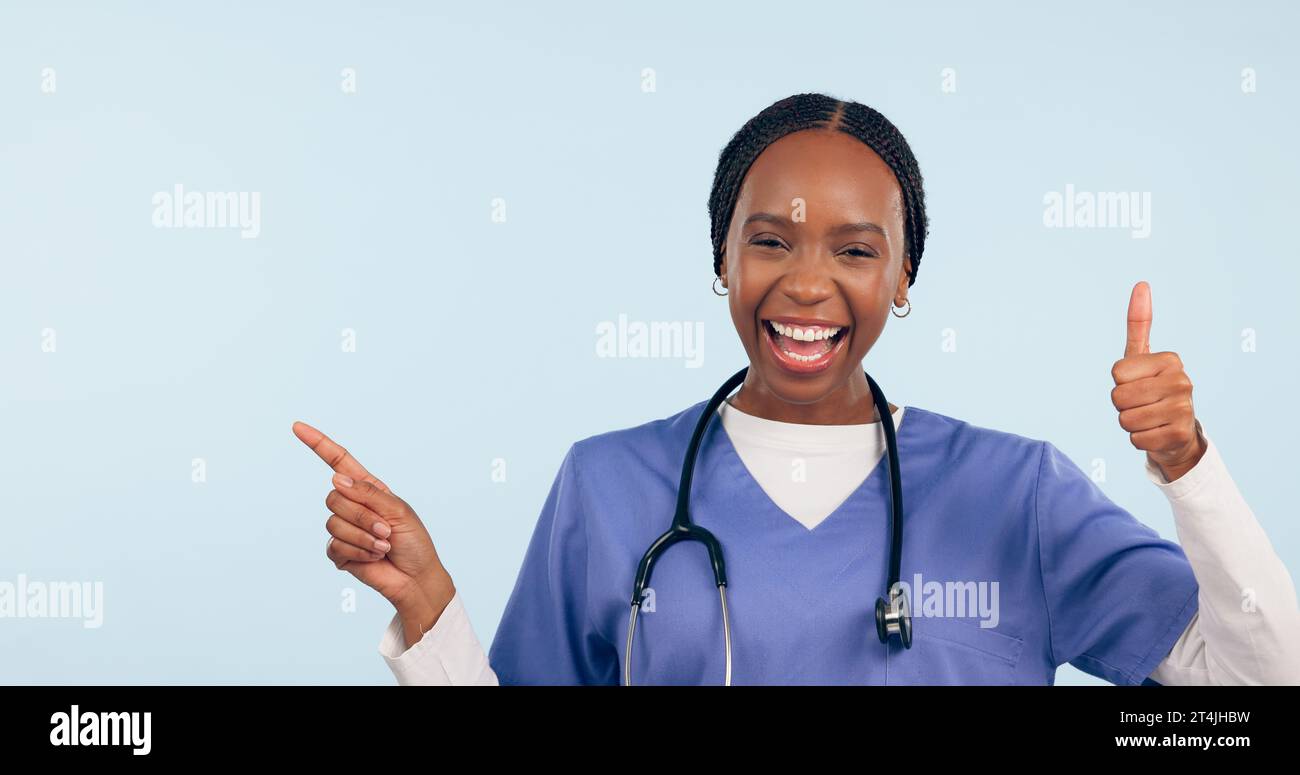 Happy black woman, portrait and doctor with thumbs up pointing in ...
