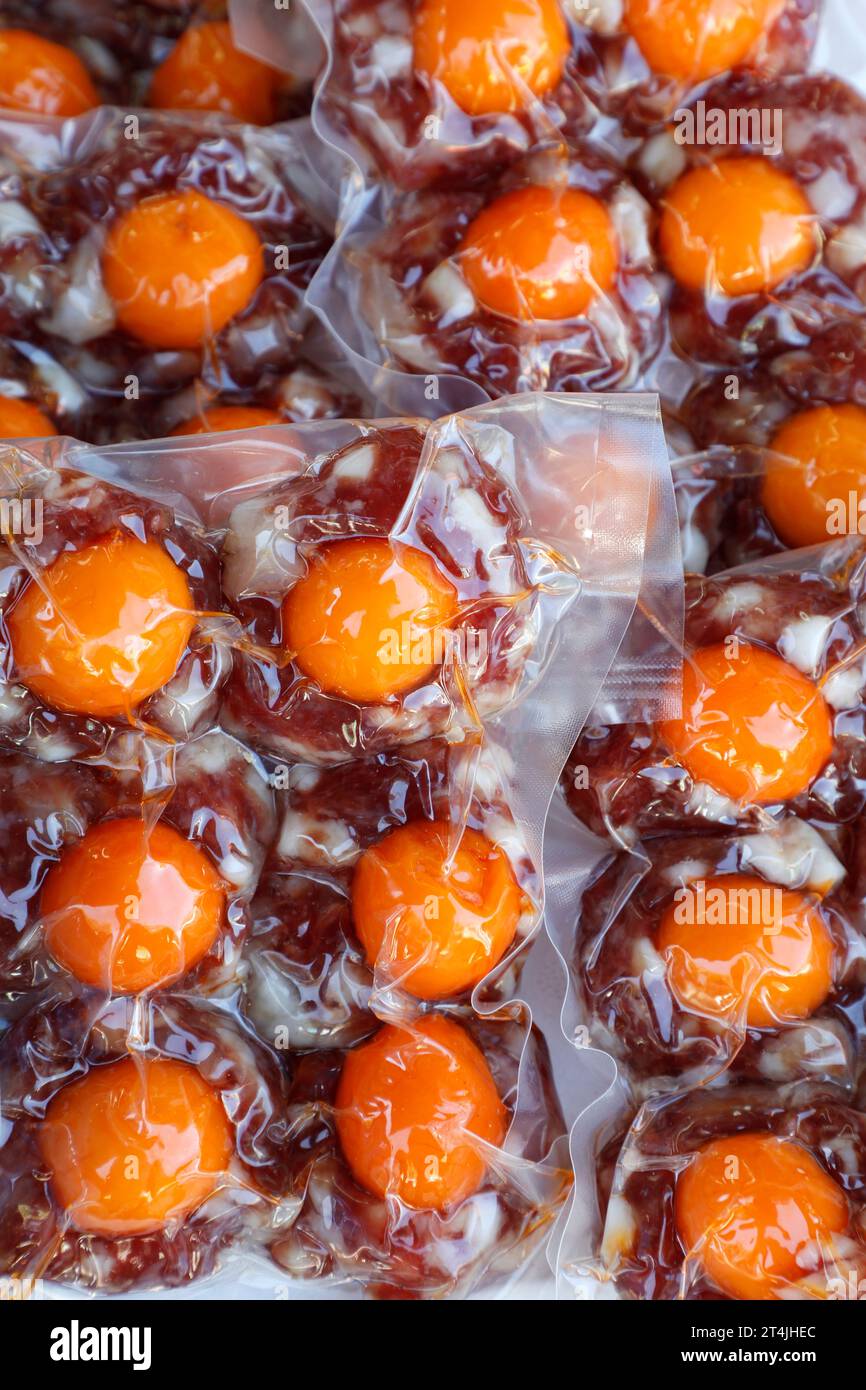 Traditional, sun-dired salted Egg Yolk in a Hong Kong wet market Stock ...