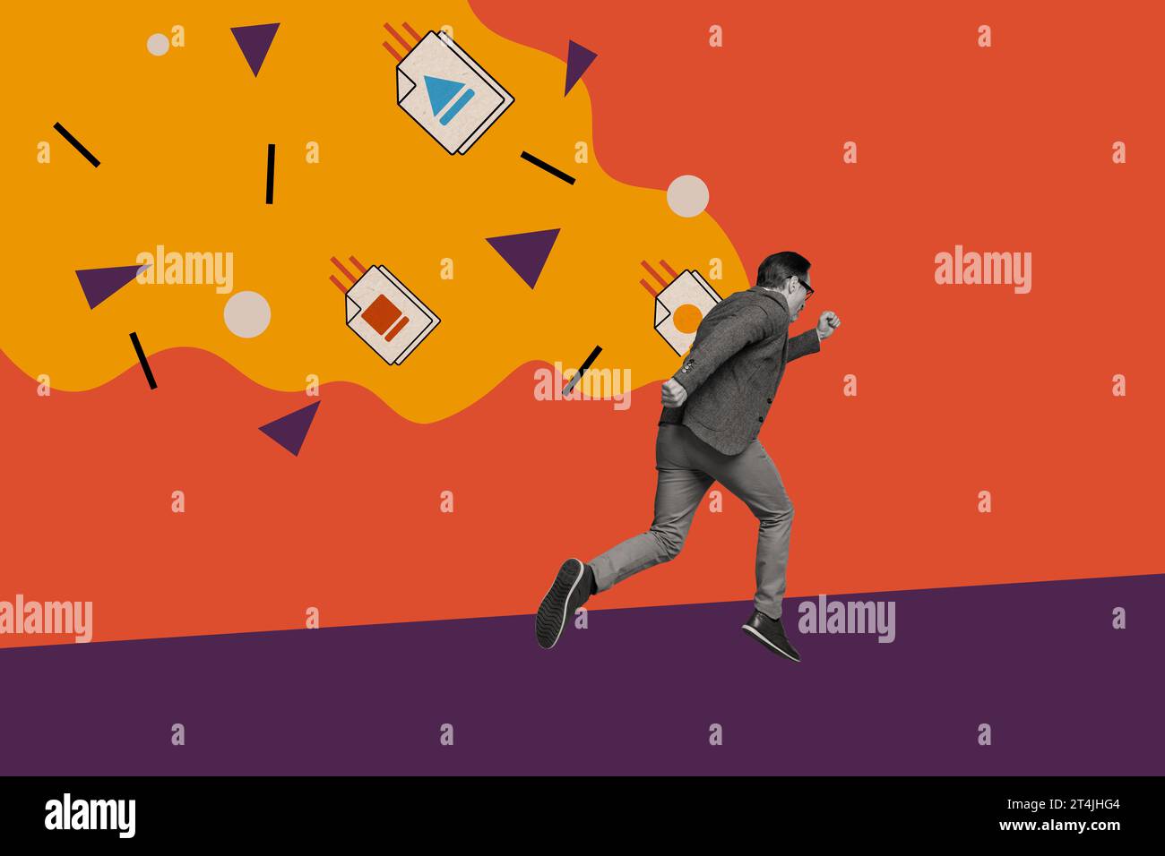 Composite collage image of black white effect person running fast ...