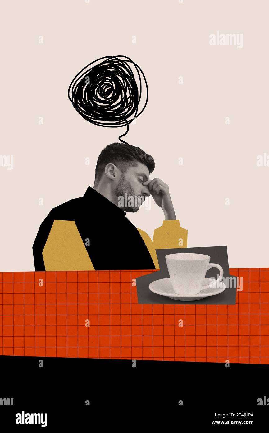 Collage 3d pinup pop retro sketch image of tired upset guy trying wake ...