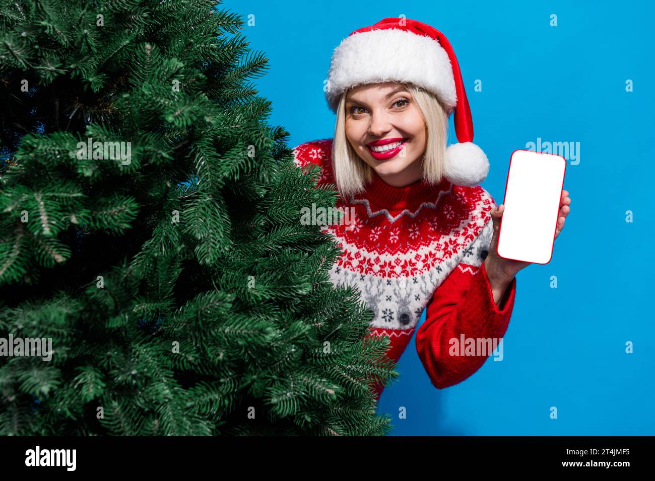 Photo of shiny funny lady santa helper dressed ornament sweater ...