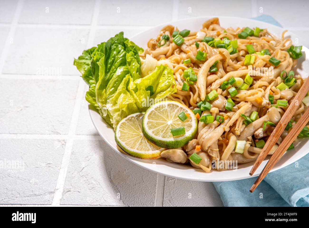 Asian shimeji noodles dish. Chow Mein noodles pasta, with stir fried ...