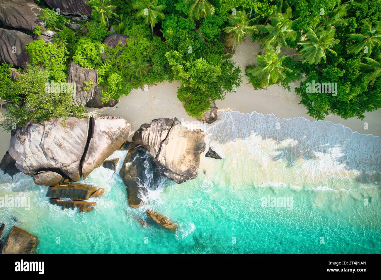 Drone of baie lazare beach, huge granite stones, white sandy beach ...
