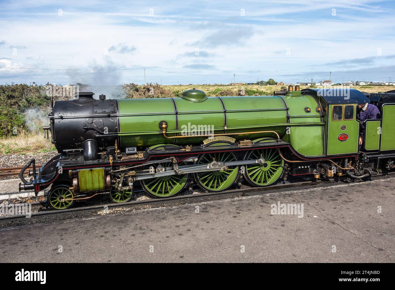 Green Goddess vintage steam train locomotive pulling into Dungeness ...