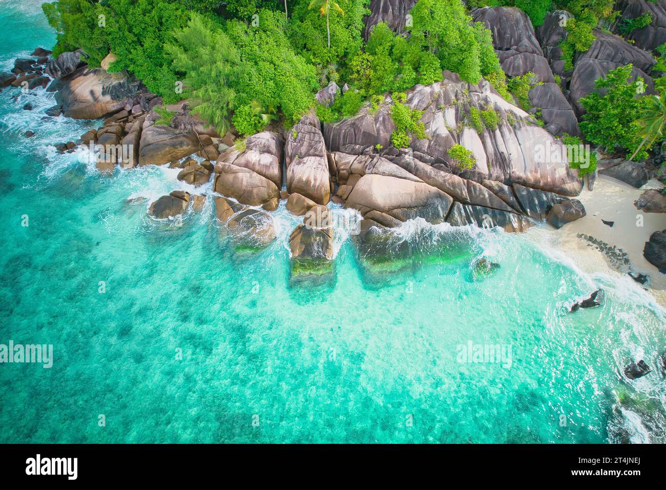 Drone of baie lazare beach, huge granite stones, white sandy beach ...