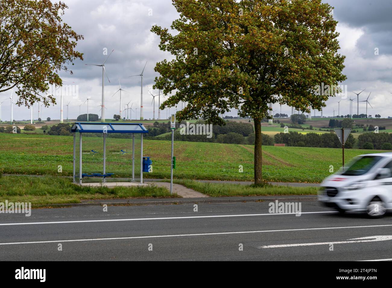 Bus stop in the countryside, on the B68, new, modern bus shelter, line ...