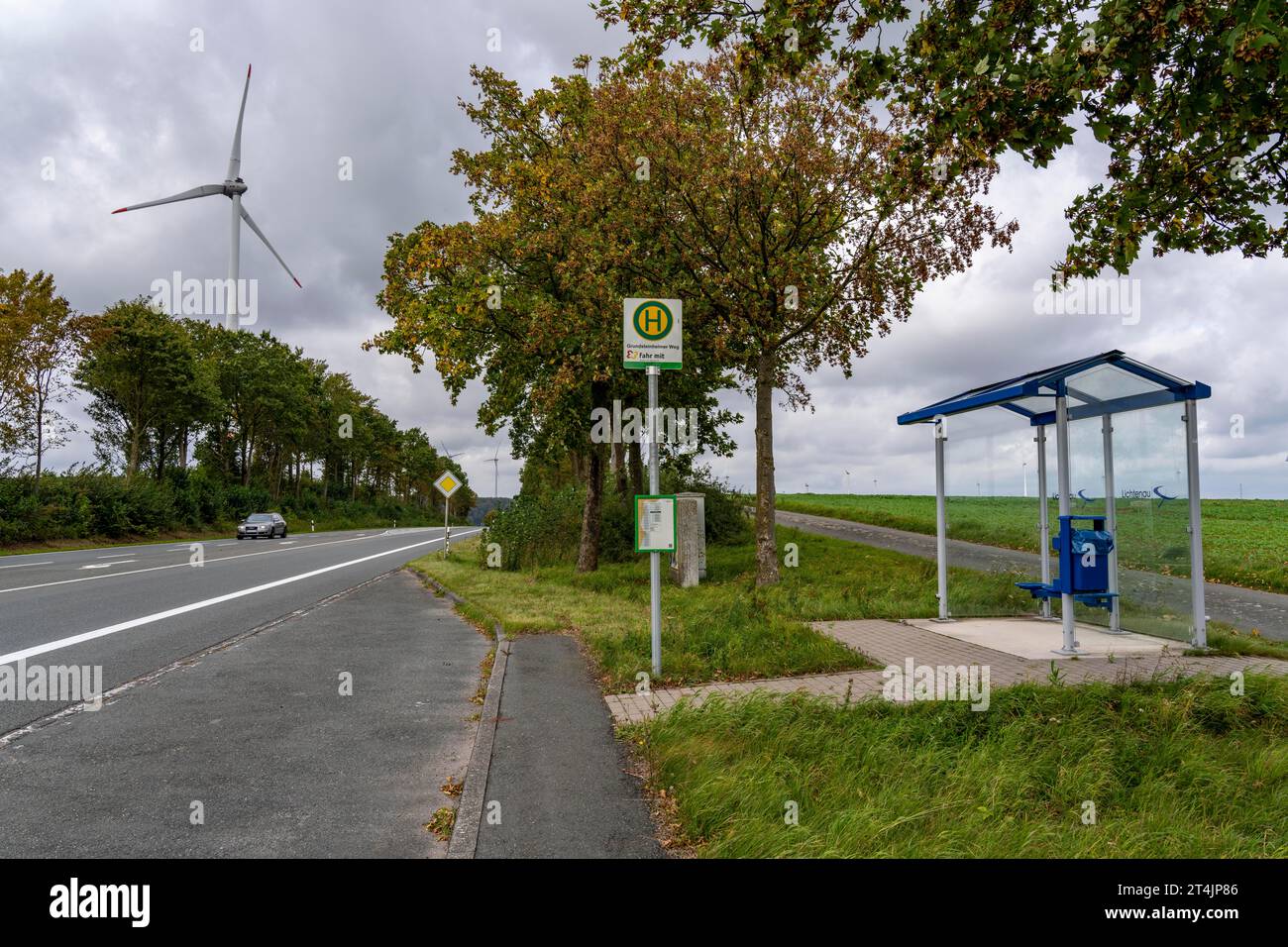 Bus stop in the countryside, on the B68, new, modern bus shelter, line ...