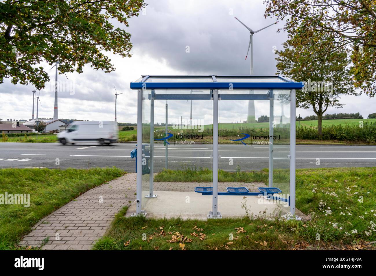 Bus stop in the countryside, on the B68, new, modern bus shelter, line ...