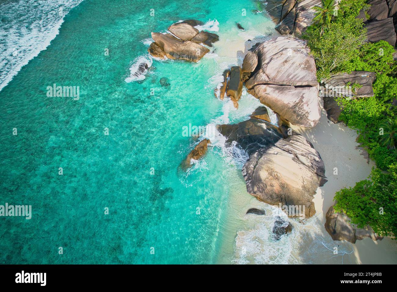 Drone of baie lazare beach, huge granite stones, white sandy beach ...