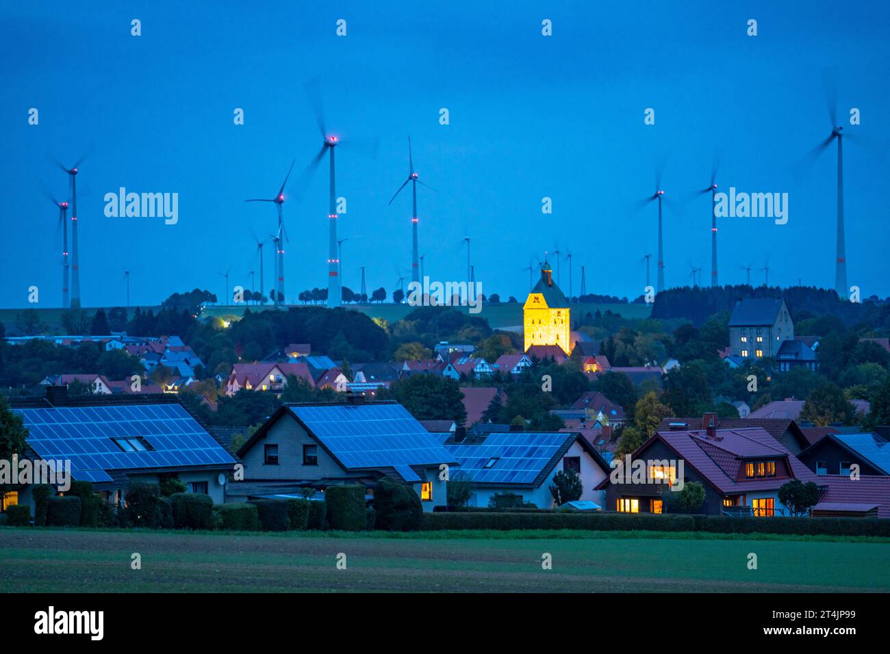 Wind farm above the town of Lichtenau, self-proclaimed energy town ...