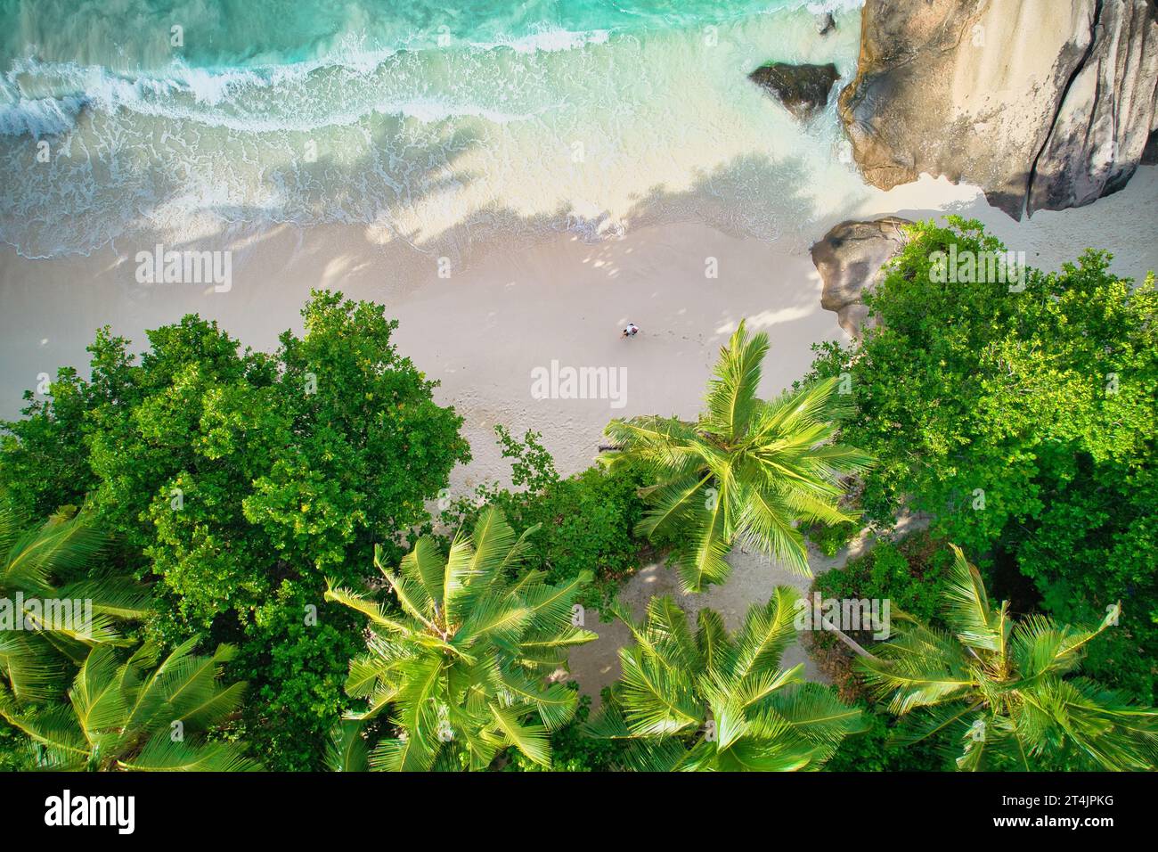 Drone of baie lazare beach, huge granite stones, white sandy beach ...