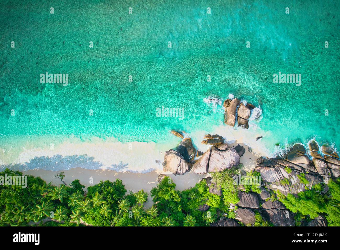 Drone of baie lazare beach, huge granite stones, white sandy beach ...