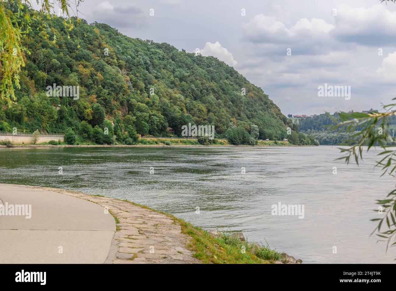 Panoramic view of Passau. Confluence of three rivers Danube, Inn, Ilz ...