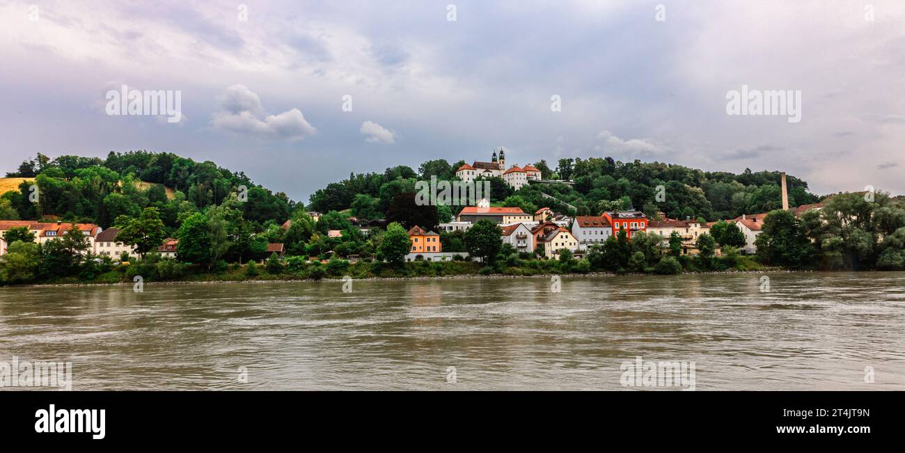 Panoramic view of Passau. Confluence of three rivers Danube, Inn, Ilz ...