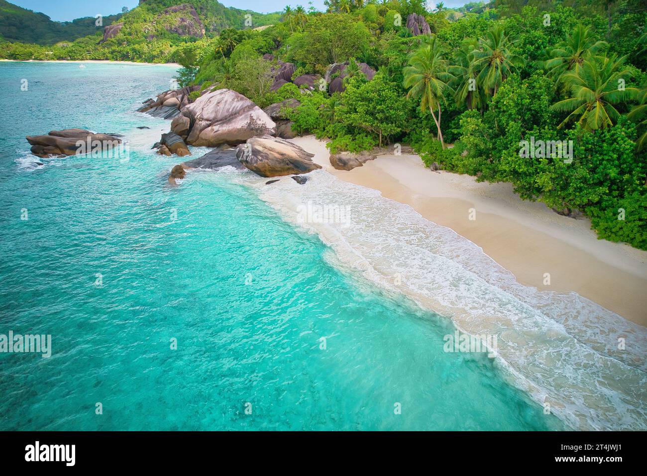 Drone of baie lazare beach, huge granite stones, white sandy beach ...