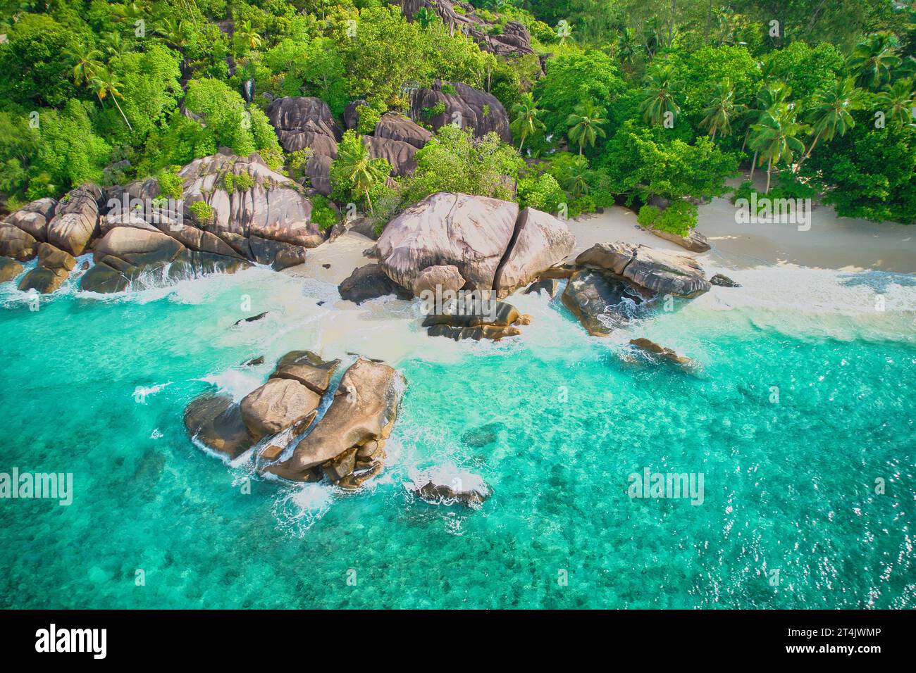 Drone of baie lazare beach, huge granite stones, white sandy beach ...