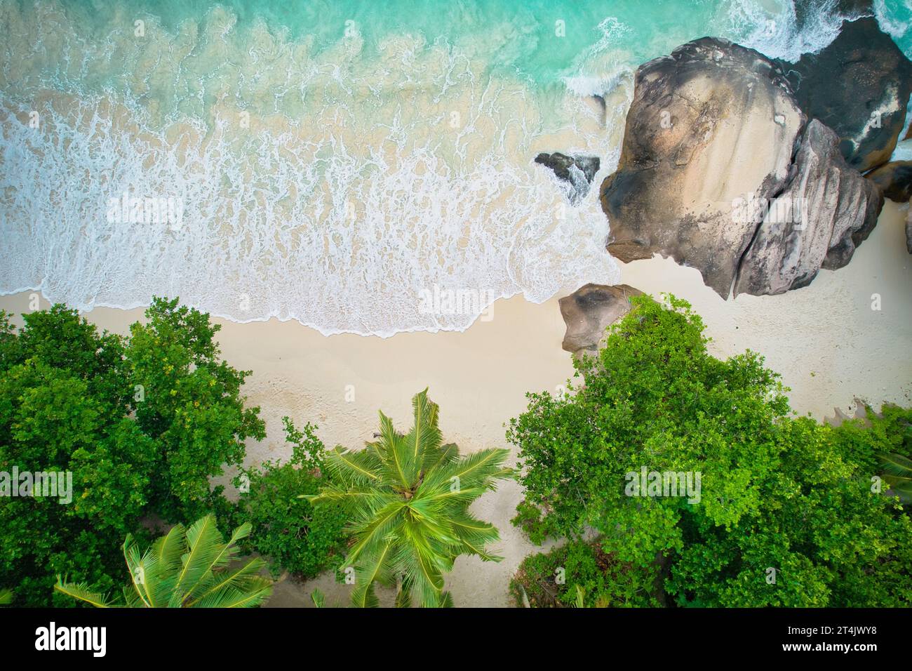 Drone of baie lazare beach, huge granite stones, white sandy beach ...