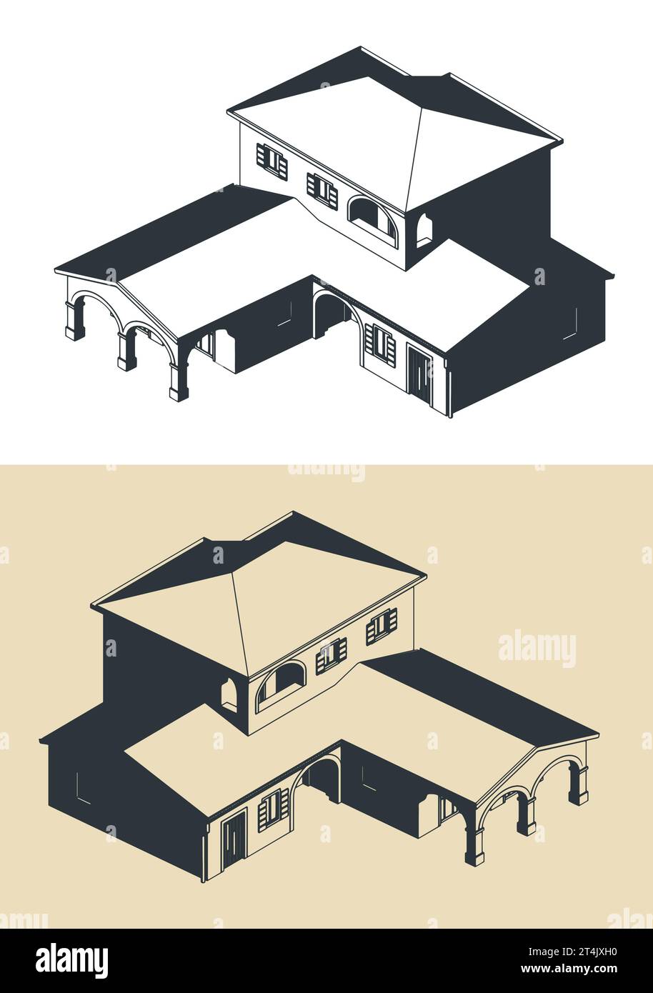 Stylized vector isometric illustration of a Mediterranean style manor ...