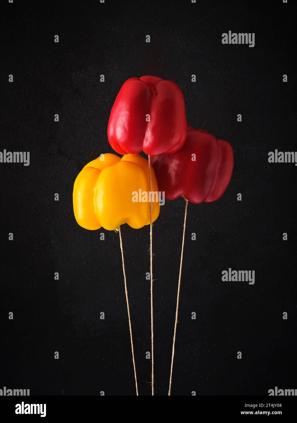 Sweet bell peppers designed as flying balloons against dark black ...