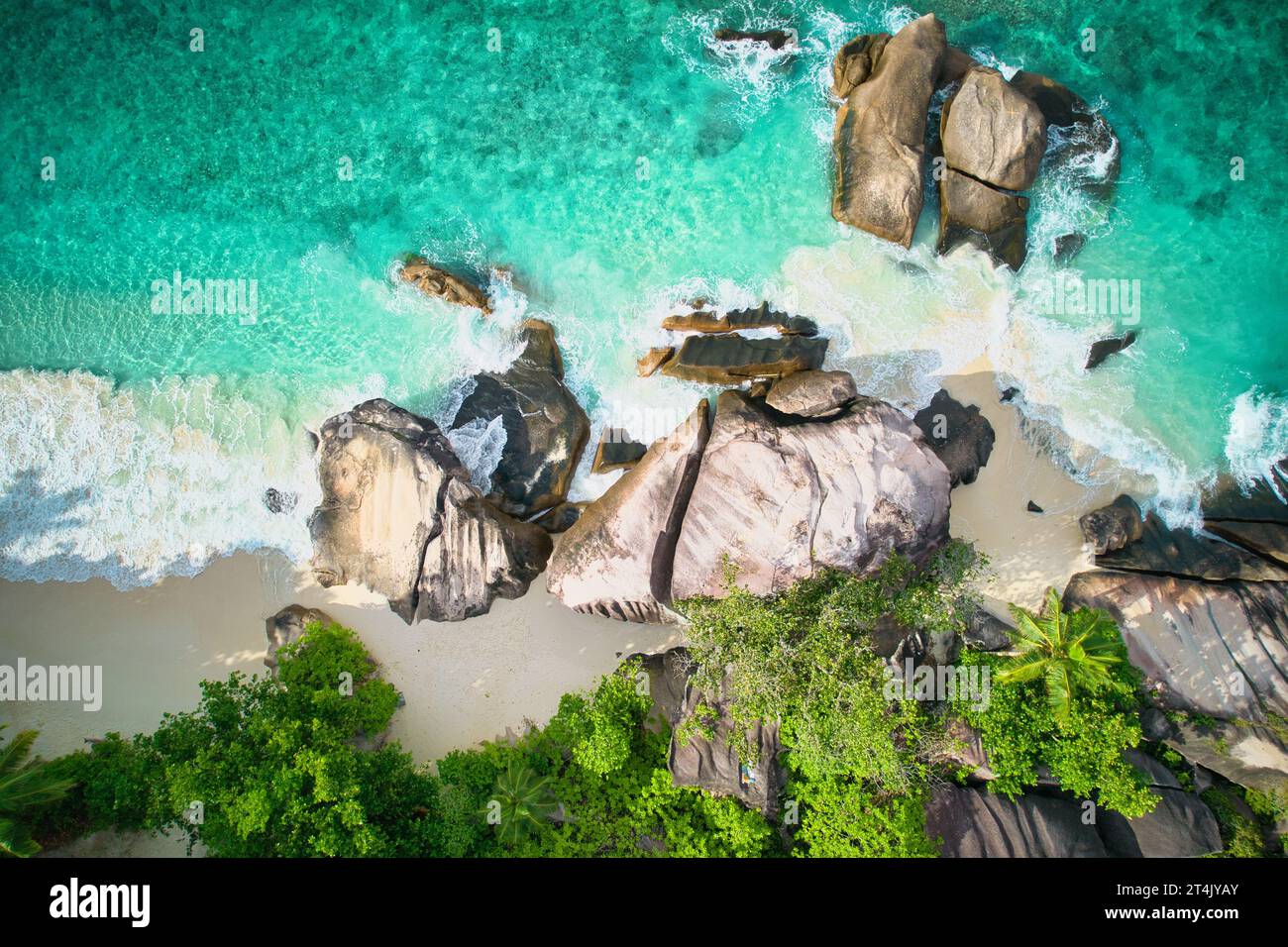 Drone of baie lazare beach, huge granite stones, white sandy beach ...