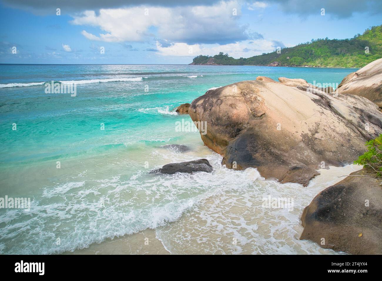 Drone of baie lazare beach, huge granite stones, white sandy beach ...