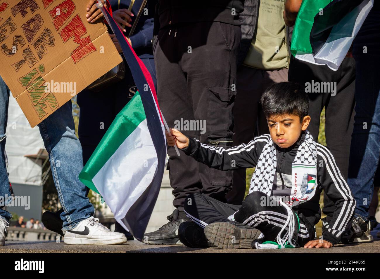 A sad looking child holds the Flag of Palestine during the pro ...