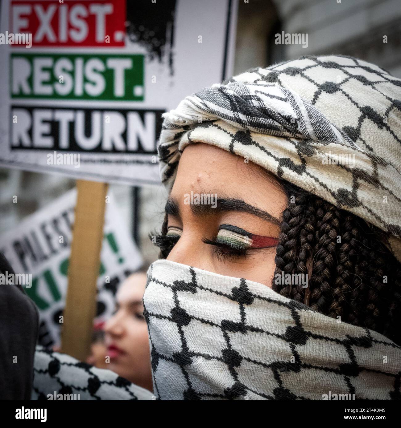 Young woman wearing eye makeup the colours as the Palestinian flag ...