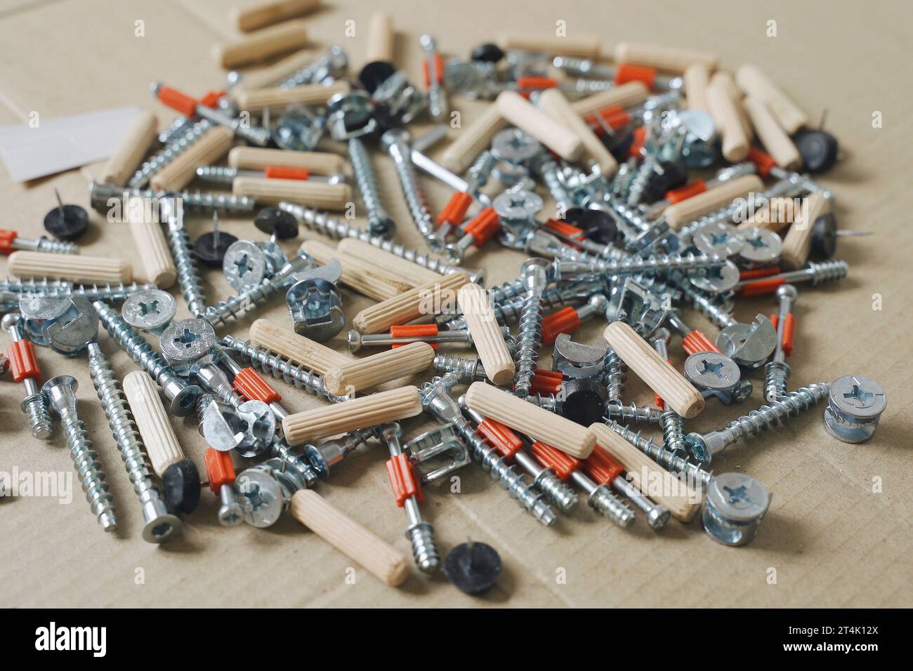 Background image of fastening elements of furniture parts. Close-up ...