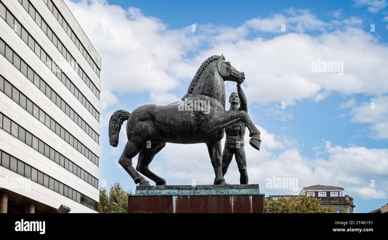 Horse and man statue in Dom Joao I square in Porto, Portugal on 20 ...