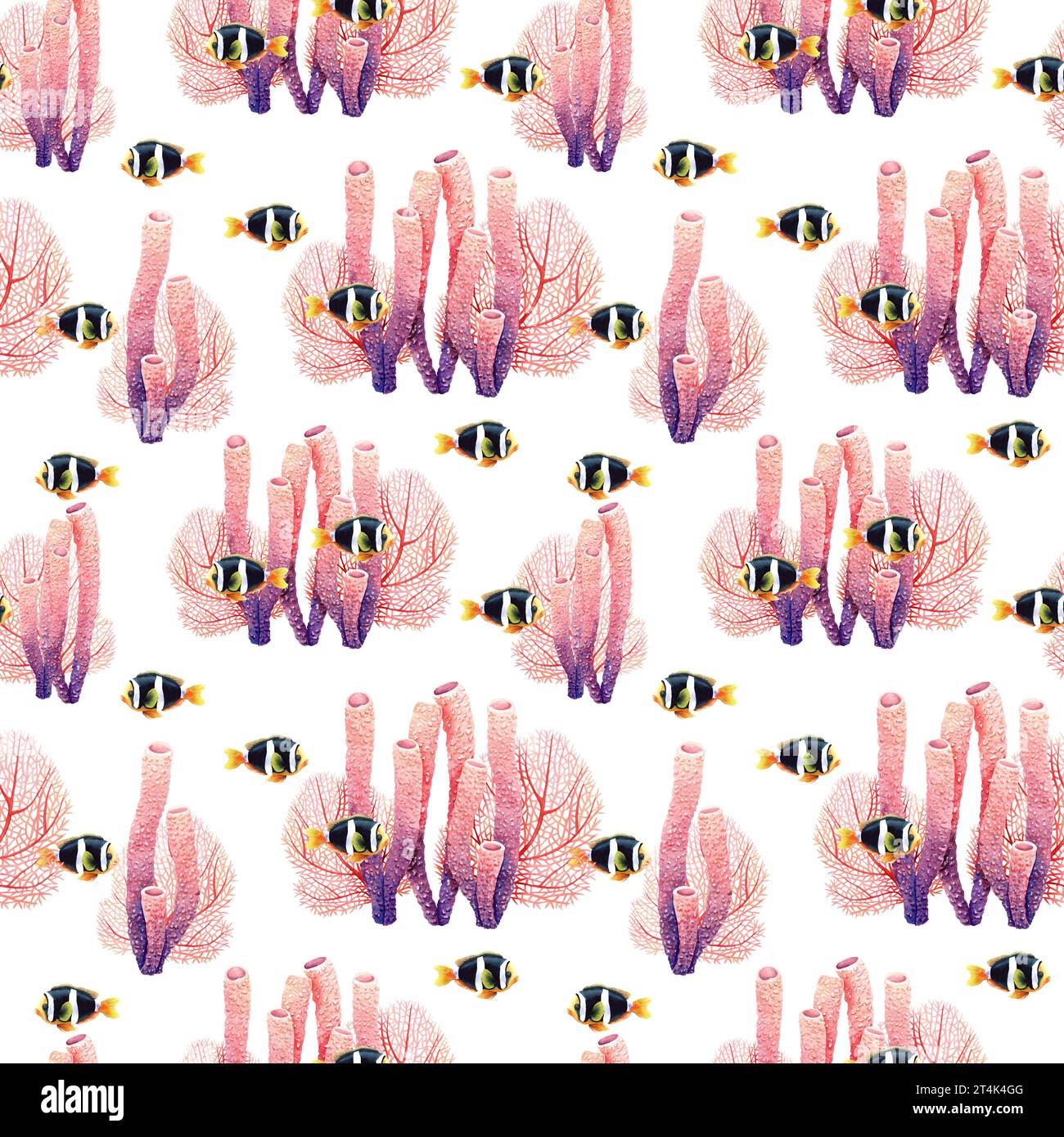 Seamless pattern with coral reef plants and exotic clark fishes ...