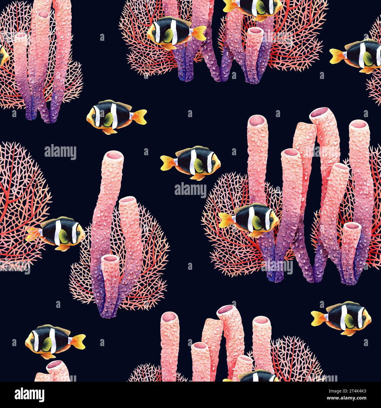 Seamless pattern with underwater coral reef plants and exotic clark ...