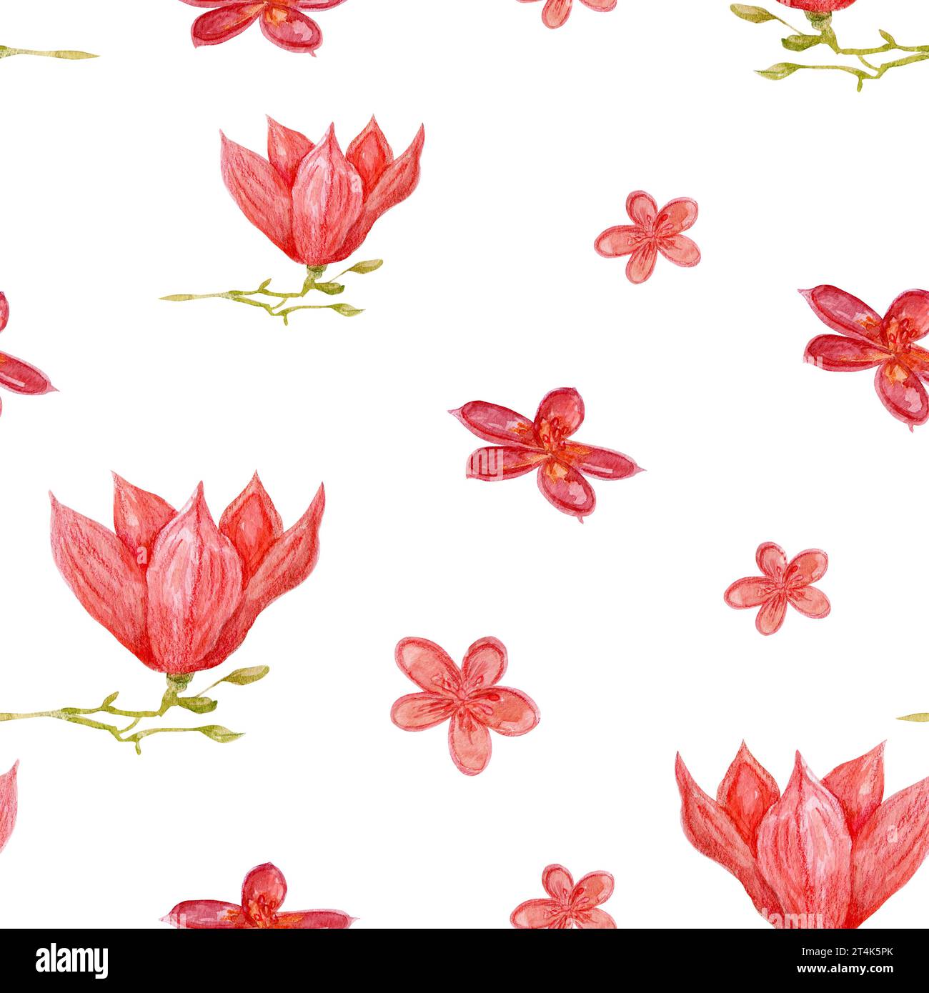 Watercolor pattern with pink tropical flowers, magnolia on a branch and ...