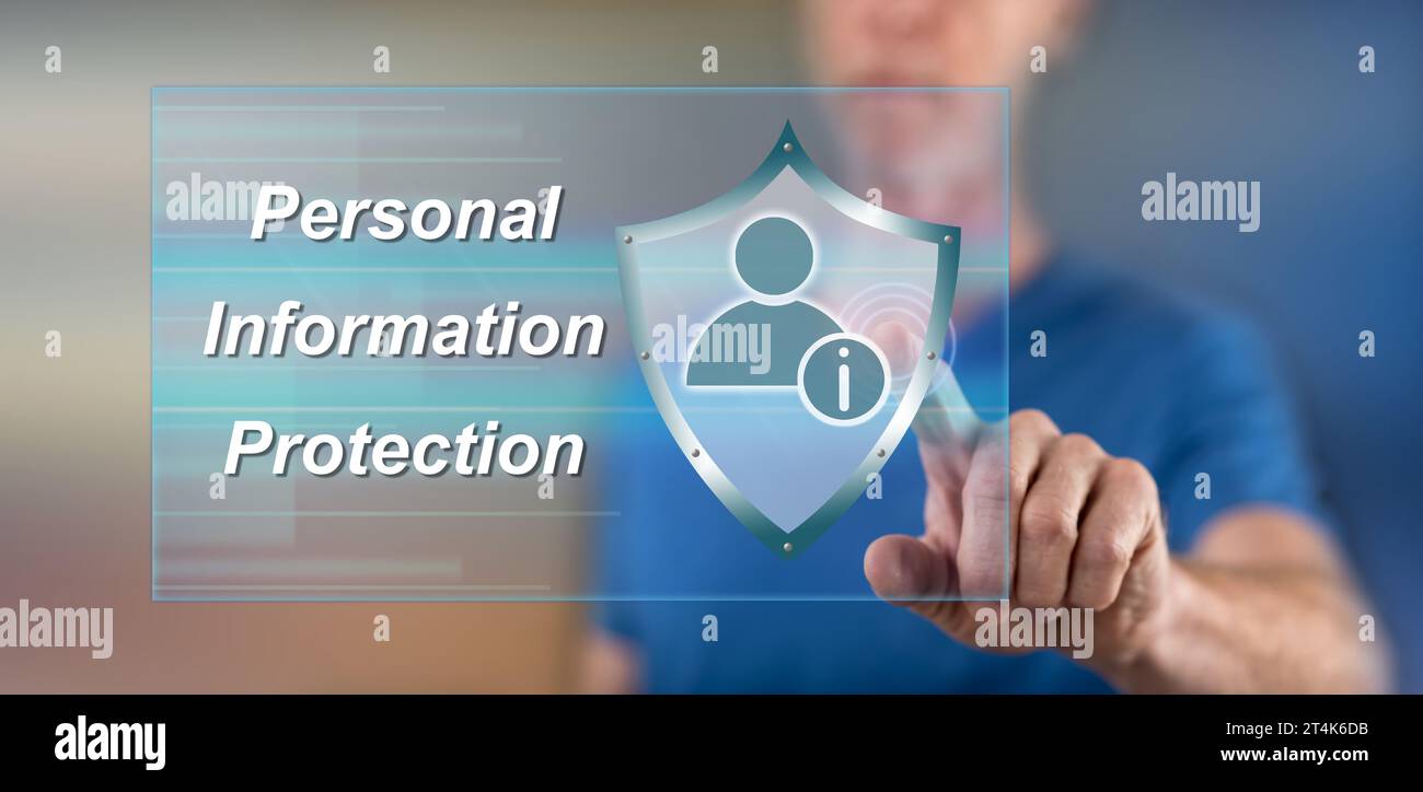 Man touching a personal information protection concept on a touch ...