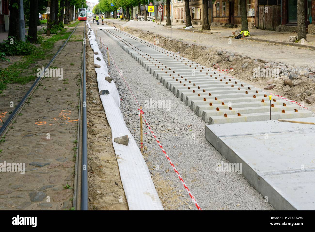 Reconstruction of the tram track in the city street, new concrete ...