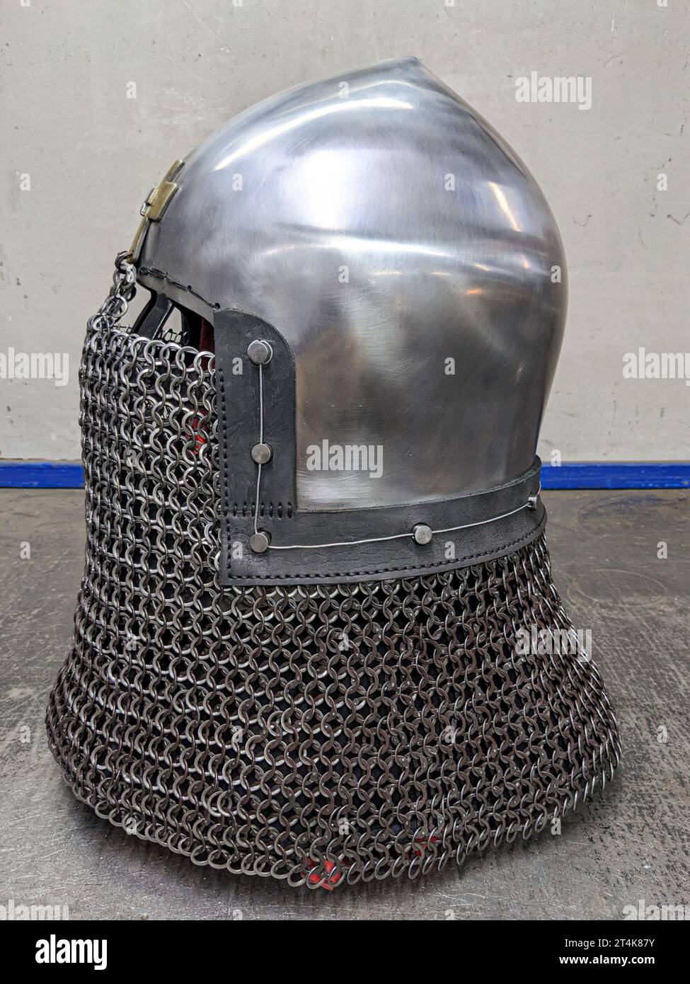Knight's metal helmet with aventail chain mail Stock Photo - Alamy