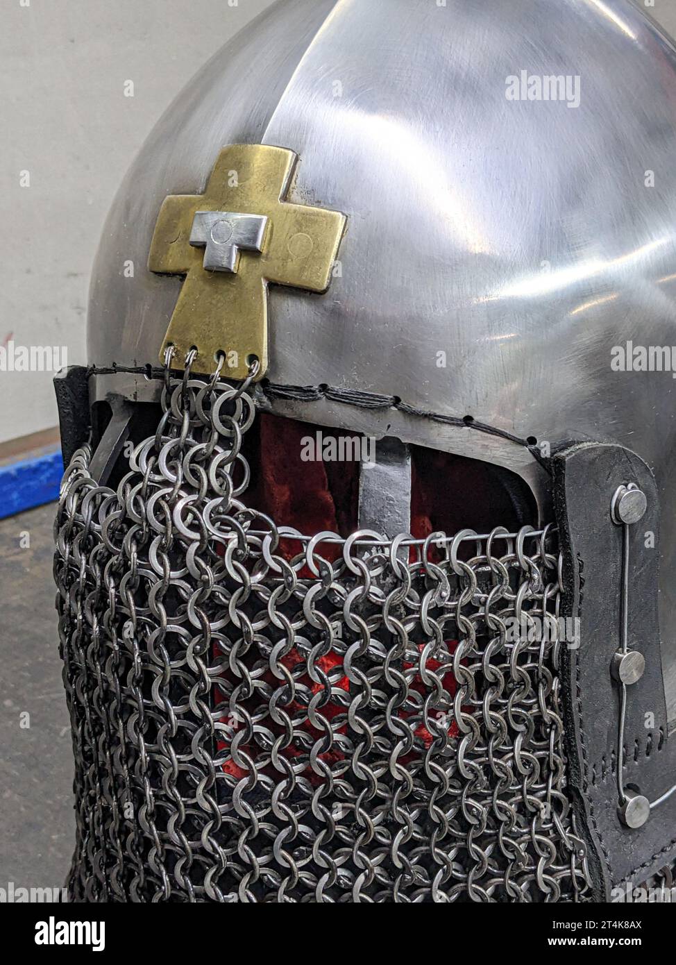 Knight's metal helmet with aventail chain mail Stock Photo - Alamy