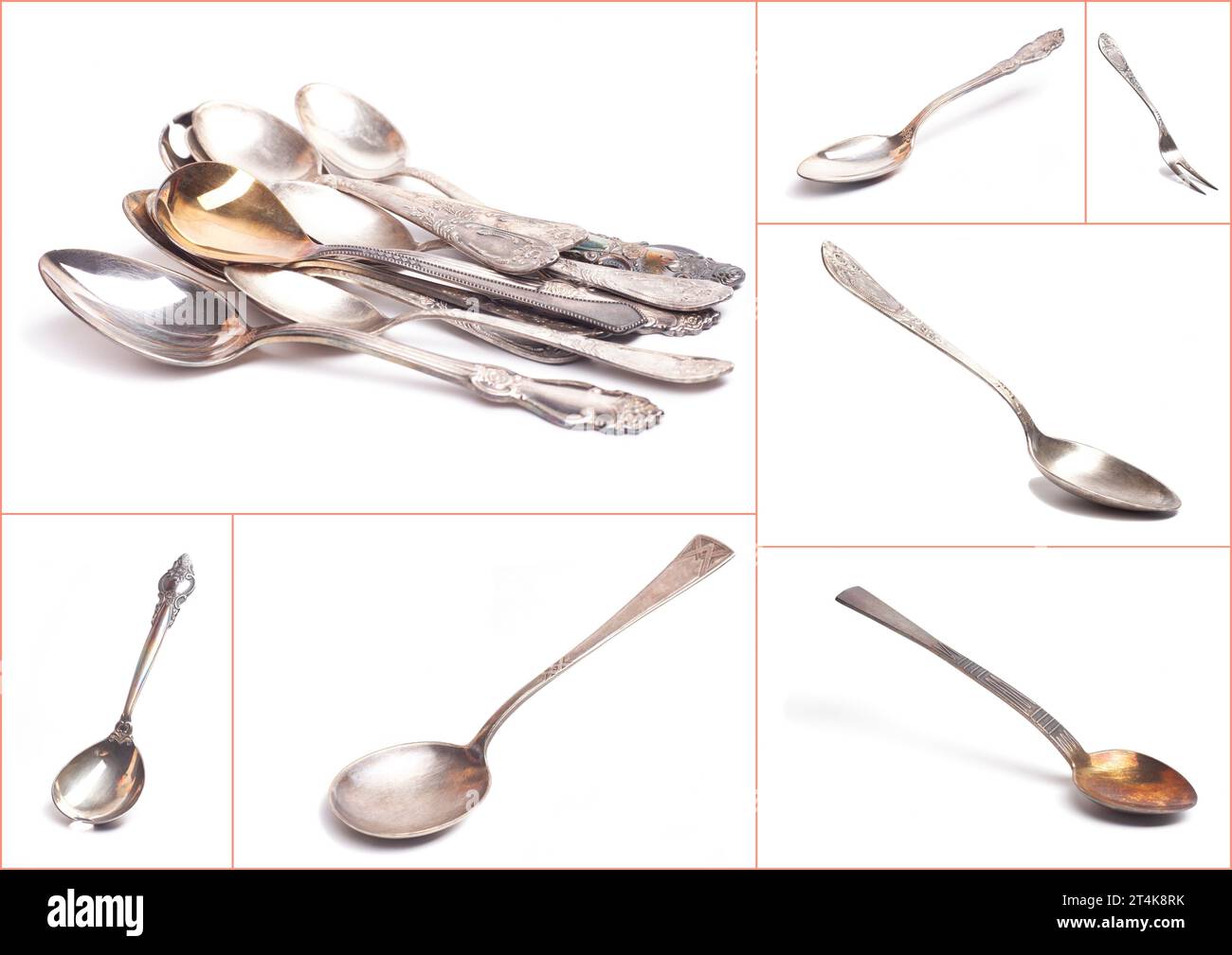 Old teaspoons collage isolated on white background Stock Photo - Alamy