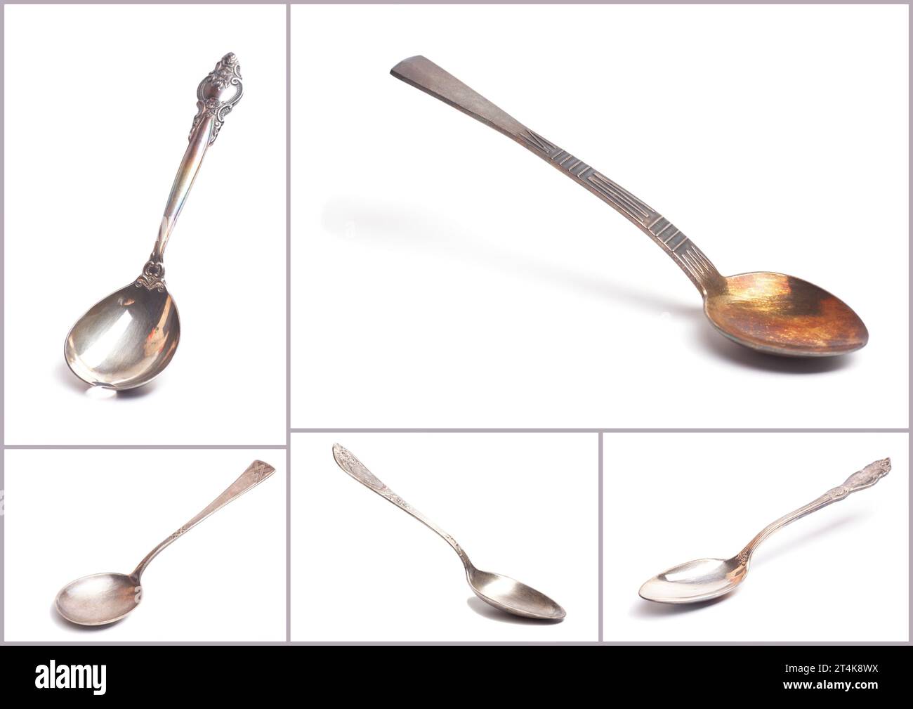 Old teaspoons collage isolated on white background Stock Photo - Alamy