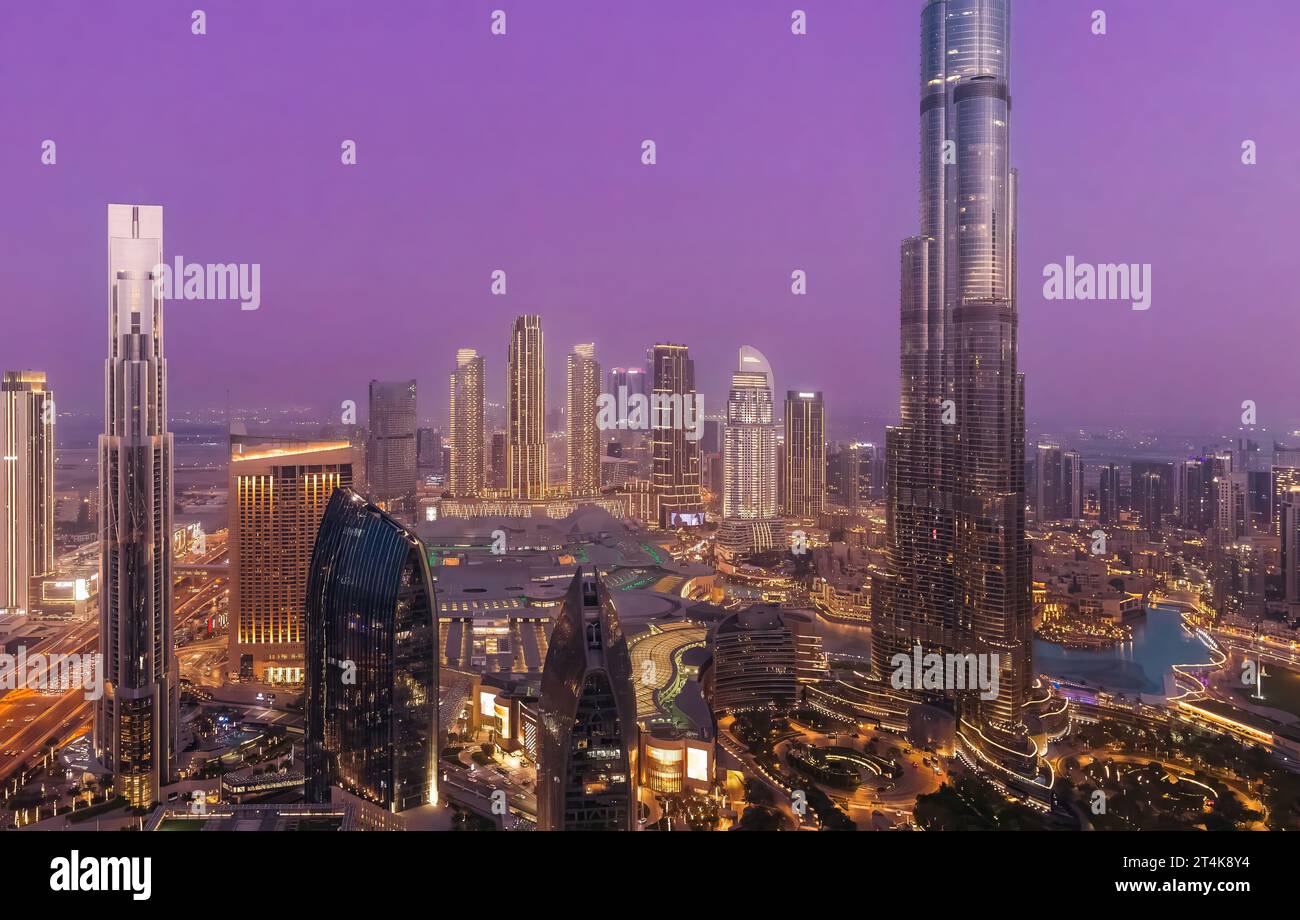 UAE, Dubai panoramic skyline view of city downtown and Dubai Mall Stock ...