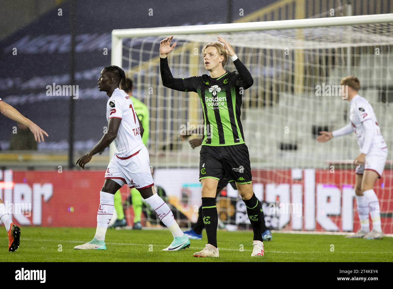 Brugge, Belgium. 31st Oct, 2023. Cercle's Jesper Daland reacts during a ...