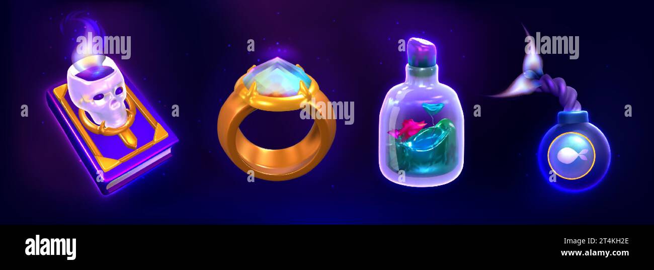 Fantasy props, game assets cartoon vector set. Potion bottle, magic ...