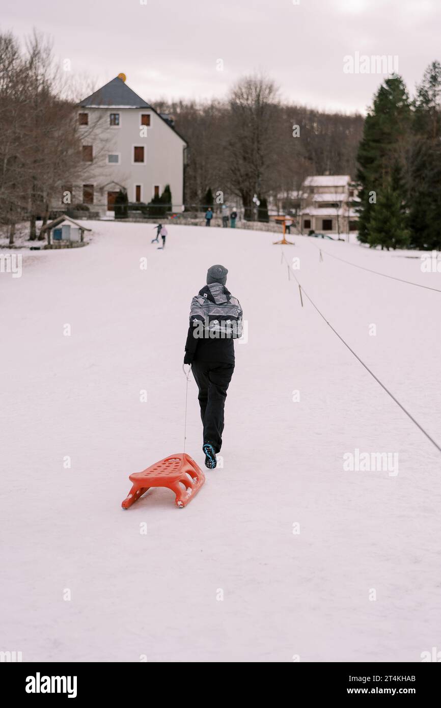 Woman with a sled on a rope walks along the top of a hill. Back view ...