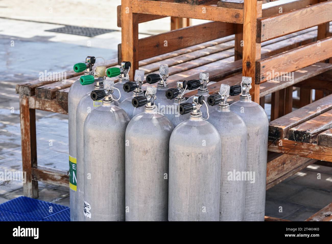 Metal oxygen scuba diving tank at the beach diver hut, closeup detail ...