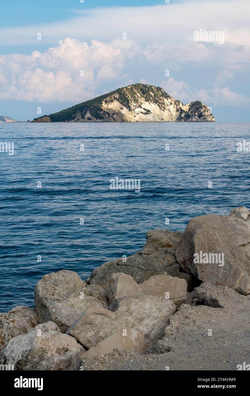 view of the island of marathonisi or turtle island off of the coast of ...