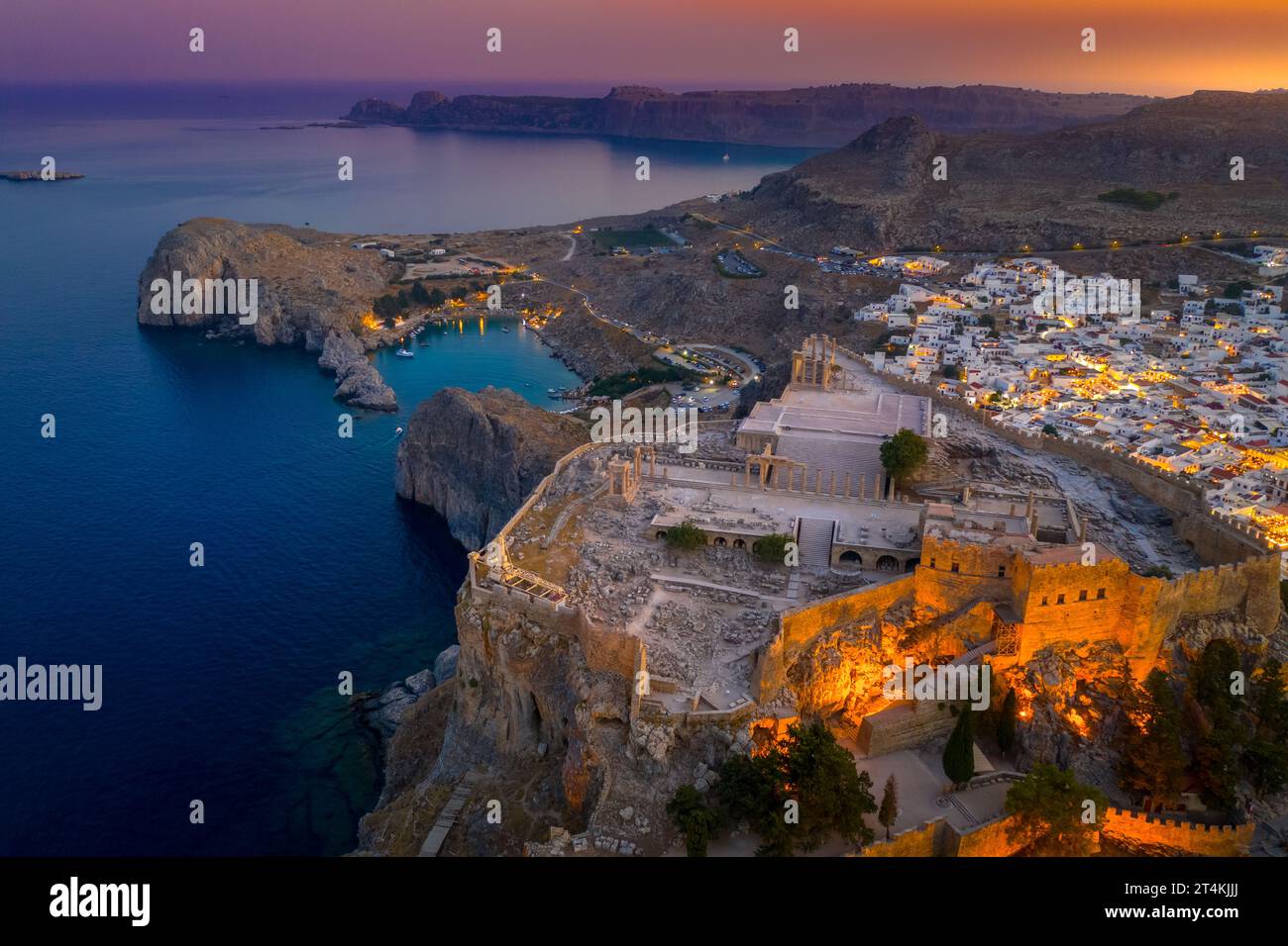 Panoramic view of Lindos village and Acropolis, Rhodes, Greece Stock ...